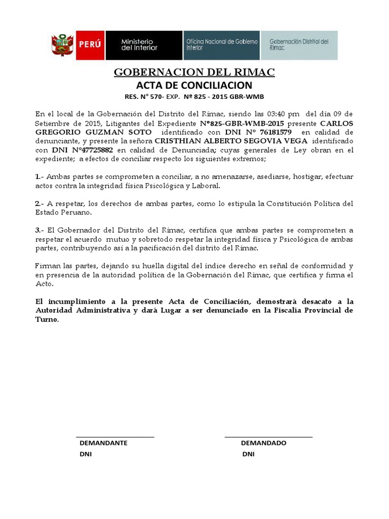 Acta de Conciliacion #570 - 2015 Carlos Gregorio Guzman Soto | PDF