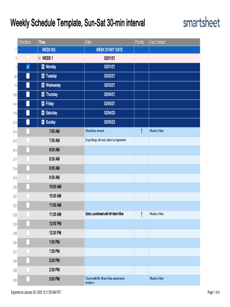 Weekly Schedule Template - Sun-Sat 30-Min Interval | PDF