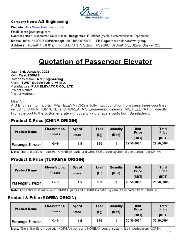 New Quotation Formate | PDF | Elevator | Door