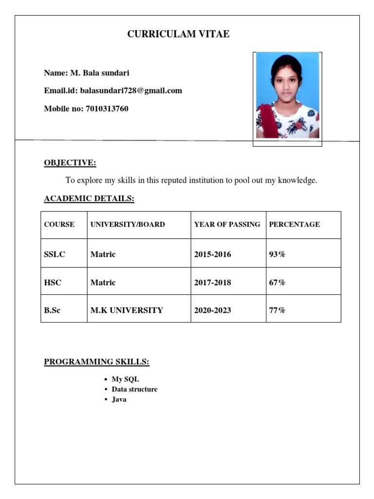 A Comprehensive Curriculum Vitae Highlighting M. Bala Sundari's Educational Qualifications ...
