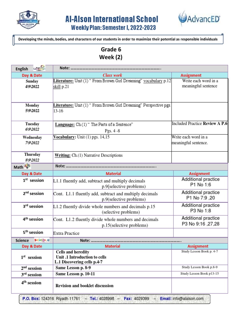 Al-Alson International School: Grade 6 Week | PDF | Cognition | Linguistics