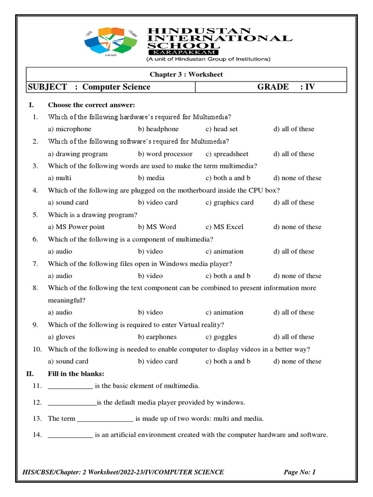 Chapter 3 Worksheet CLASS 4 CS | PDF | Multimedia | Computer Hardware