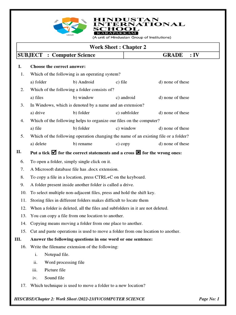 Chapter 2 Worksheet Class 4 | PDF | Computer File | Computer Architecture