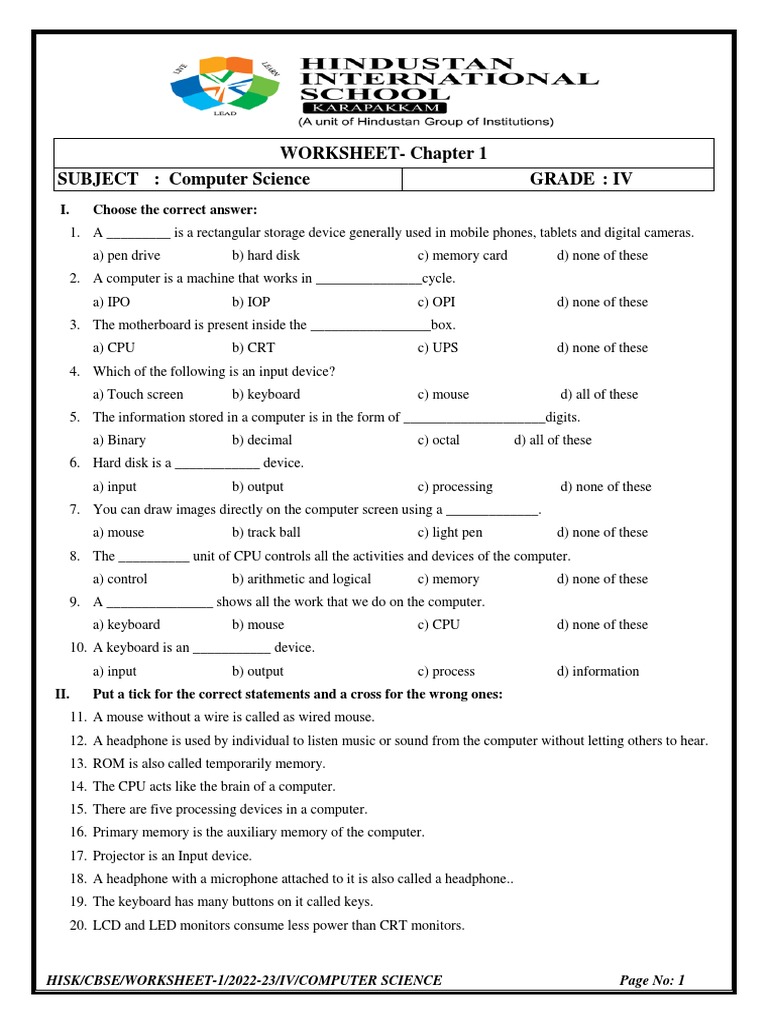 Chapter 1 CLASS 4 WORKSHEET CS | PDF | Input/Output | Computer Data Storage