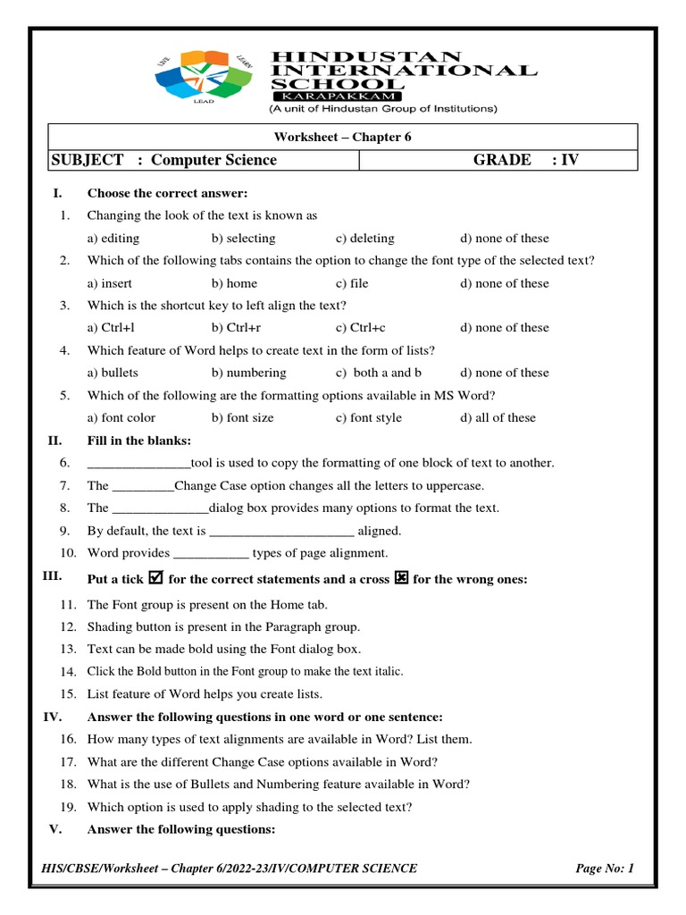 Chapter 6 Worksheet Class 4 | PDF | Microsoft Word | Computing