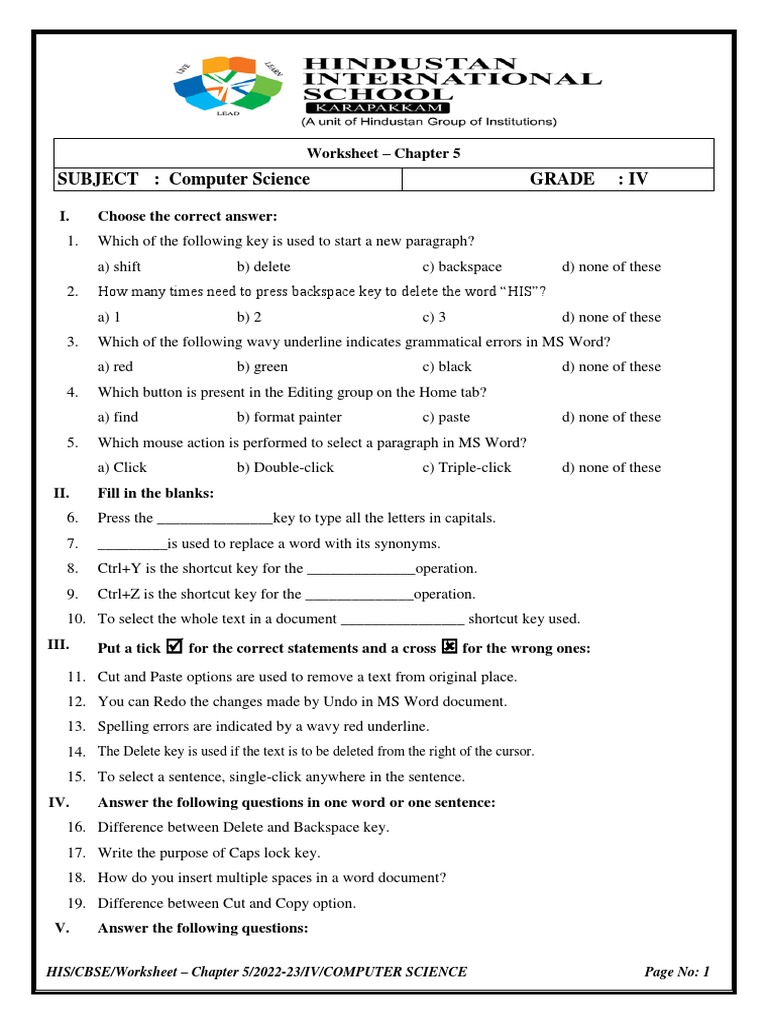 Chapter 5 Worksheet Class 4 | PDF | Microsoft Word | Human–Computer Interaction