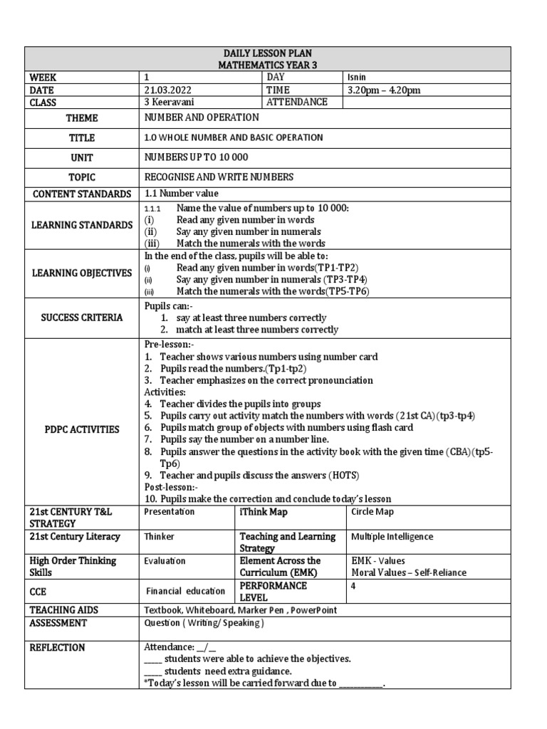 Year 3 Math Lesson Plans: Numbers 10,000 | PDF | Lesson Plan | Teachers