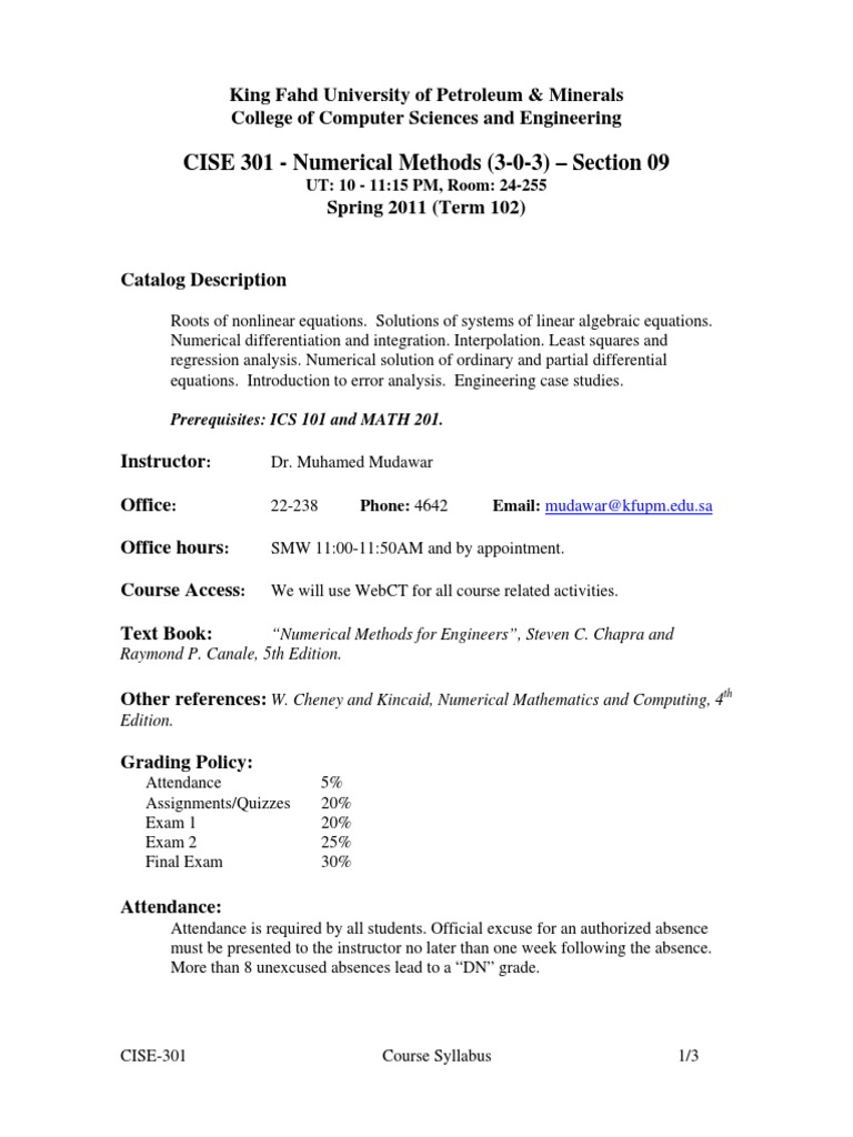 CISE301 Syllabus | PDF | Numerical Analysis | Equations