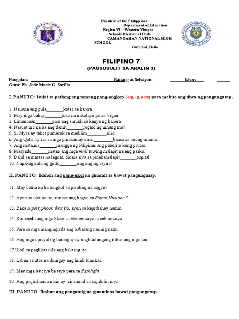 Grade 7 Aralin 3 Pagsusulit Pdf