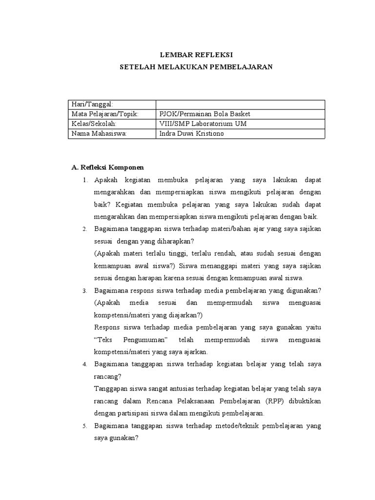 Refleksi Pembelajaran PJOK Bola Basket | PDF