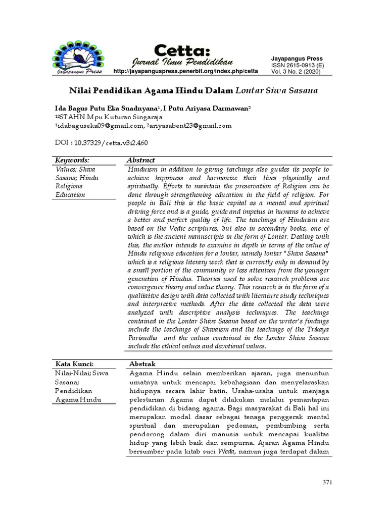 Nilai Pendidikan Agama Hindu Dalam Lontar Siwa Sasana: Ida Bagus Putu ...