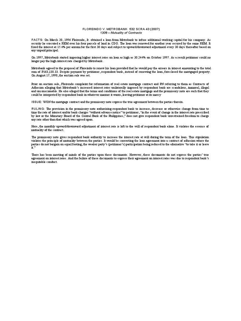 Floreindo v. Metrobank: Unilateral Imposition of Increased Interest ...