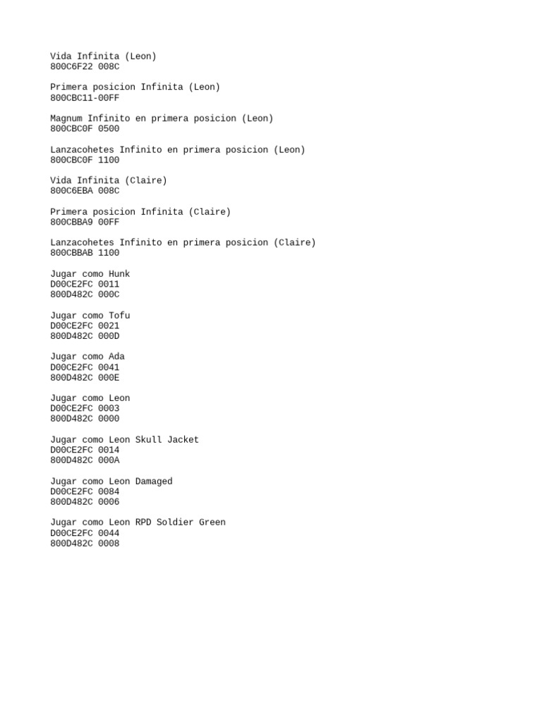 Trucos de Vida y Personajes en RE2 | PDF | Hogar, jardinería y bricolaje