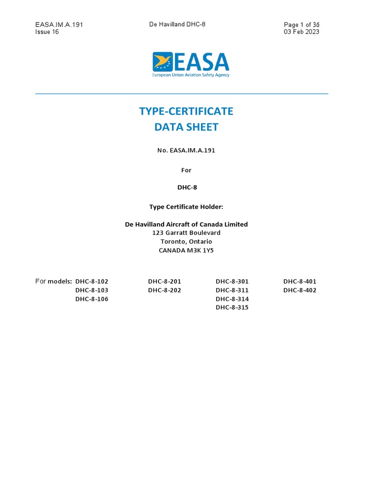 EASA TCDS - DHC-8 - Iss 16 EASA - IM - .A.191 | PDF | Jet Fuel ...