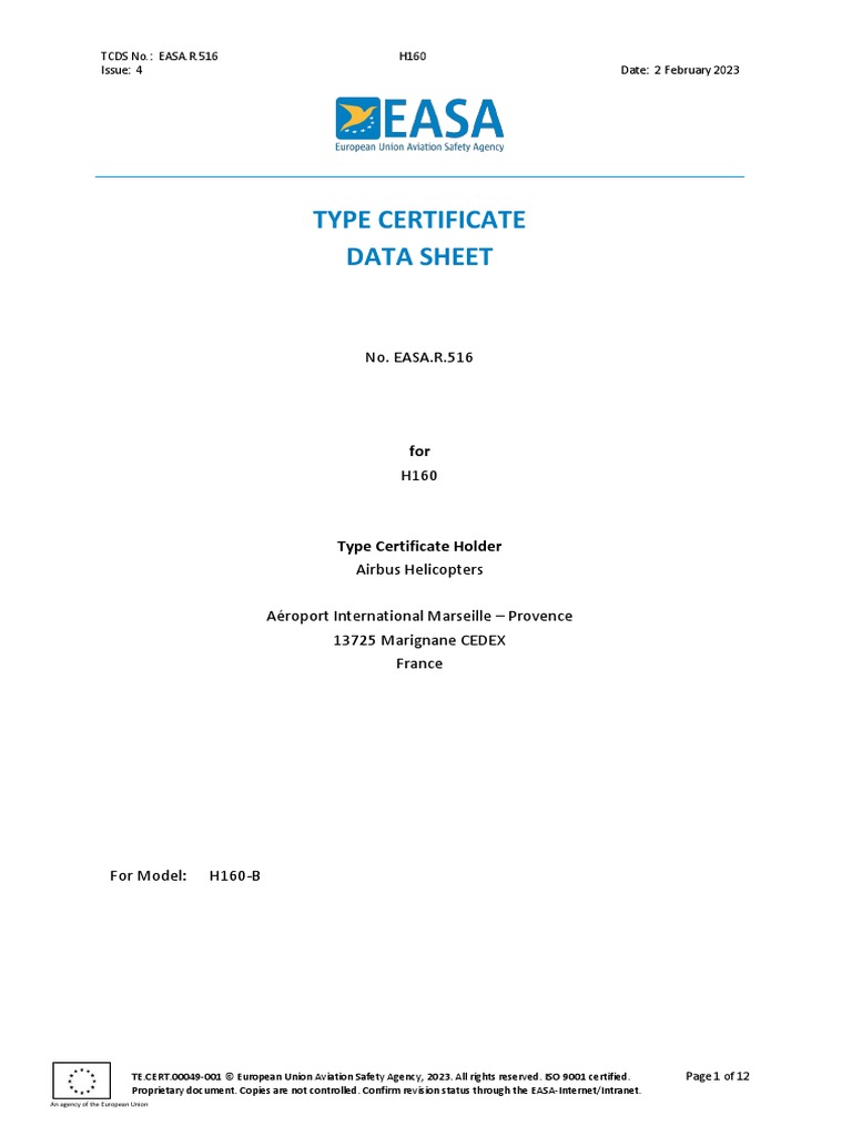 TCDS EASA R516 AH H160 Issue 04 | PDF | Aviation | Aerospace