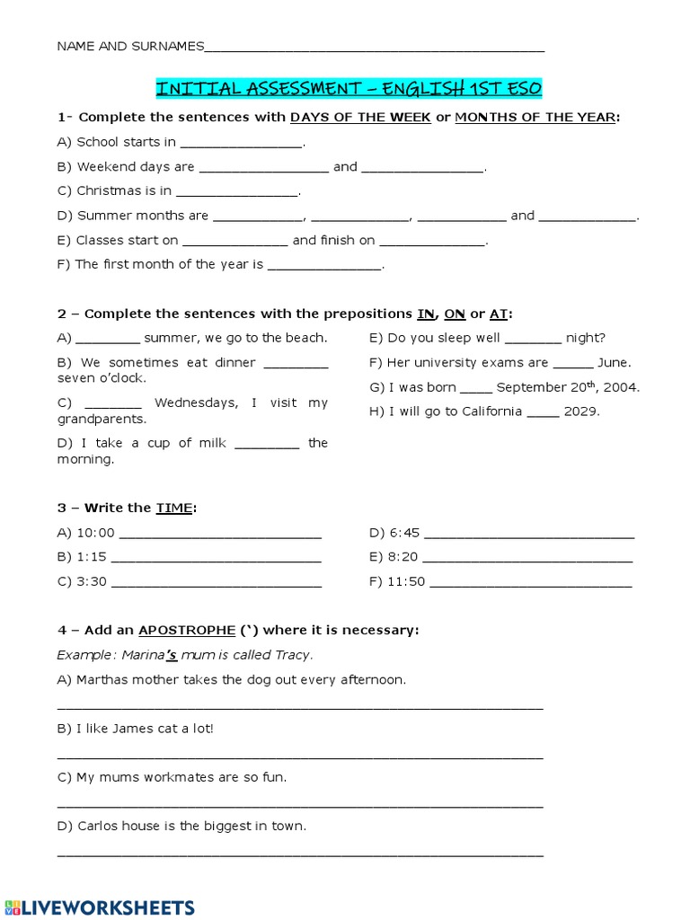 Initial Assessment - English 1St Eso: 1-Complete The Sentences With ...