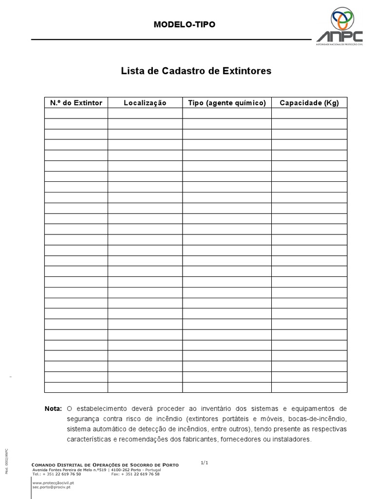 Cadastro de Extintores: Modelo ANPC | PDF