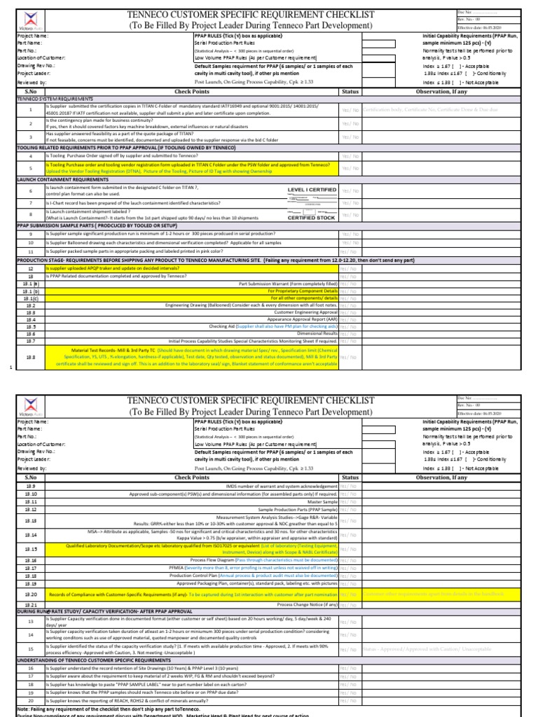 Tenneco CSR Compliance Checklist 25th Jul 2020 | PDF | Specification ...
