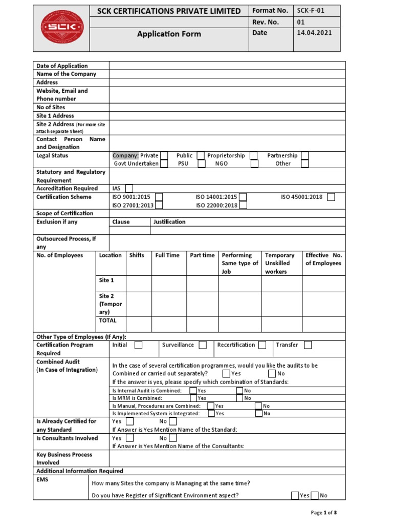 SCK-F-01 Application Form | PDF | Business | Outsourcing