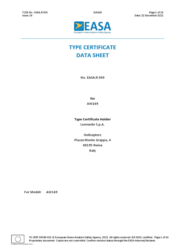 TCDS EASA R509 LHD AW169 Issue 14 | PDF | Landing Gear | Manufactured Goods