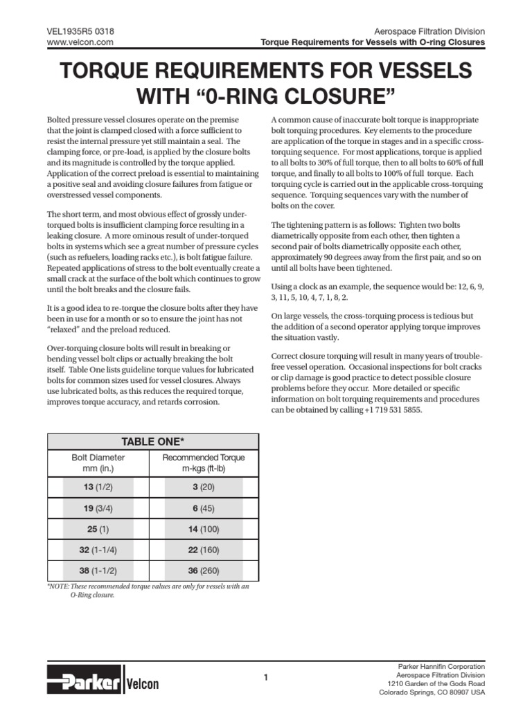 Torque Requirements For Vessels With Oring Closures | PDF | Screw ...