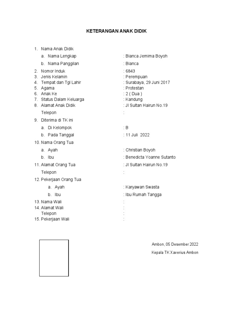 Data Anak Didik Bianca Jemima | PDF