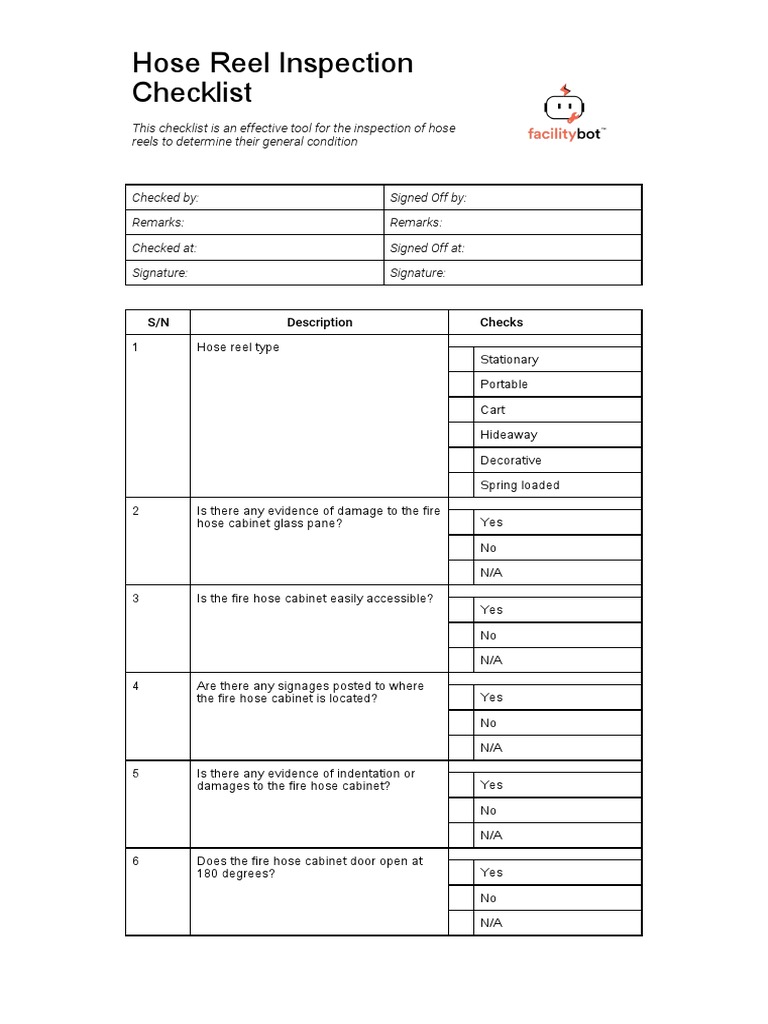 Hose Reel Inspection Checklist | PDF | Manufactured Goods | Equipment