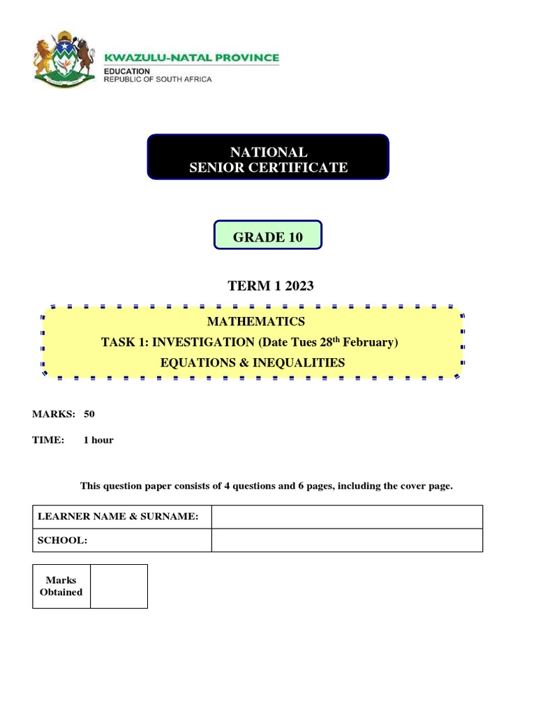 National Senior Certificate: Grade 10 | PDF | Inequality (Mathematics) | Numbers