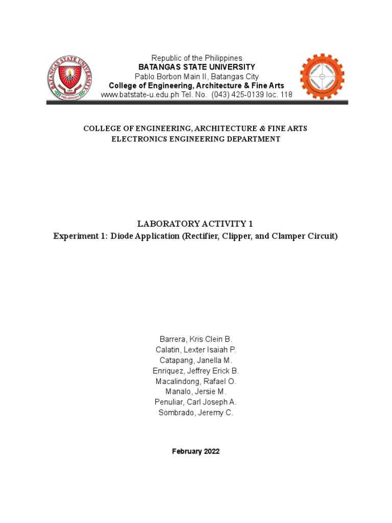 Laboratory Activity 1: Analysis of Diode Applications in Rectifier, Clipper, and Clamper ...