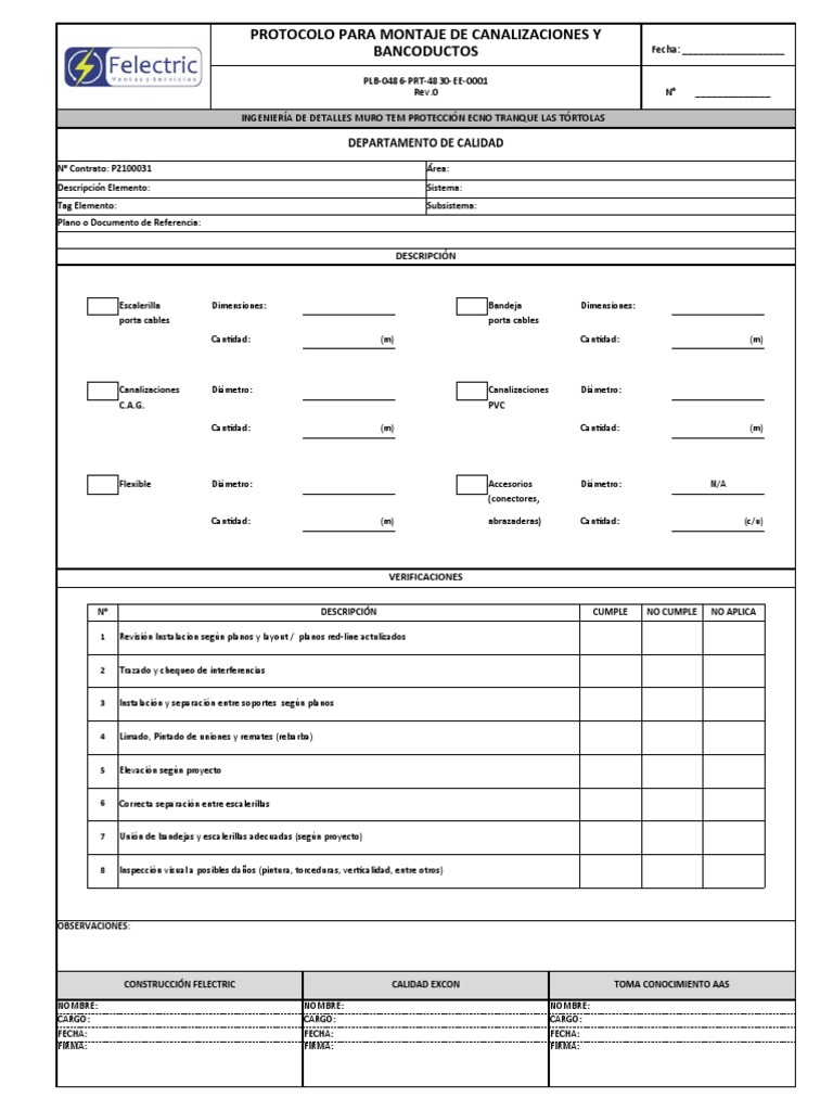 PLB-0486-PRT-4830-EE-0001 - 0 Protocolo para Montaje de Canalizaciones y Bancoductos | PDF