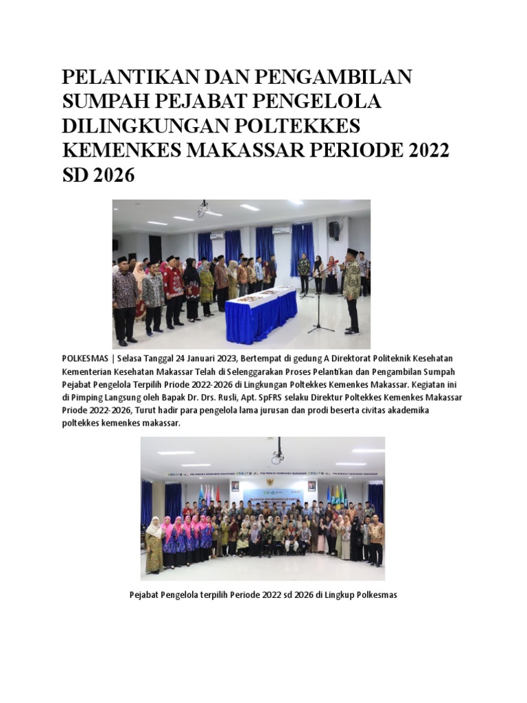 Pelantikan Dan Pengambilan Sumpah Pejabat Pengelola Dilingkungan Poltekkes Kemenkes Makassar ...