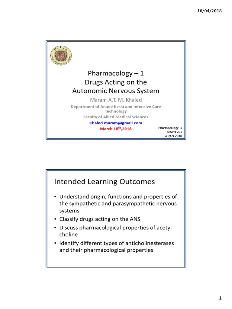 Lec 7 - Drugs Acting On ANS | PDF | Acetylcholine | Autonomic Nervous System