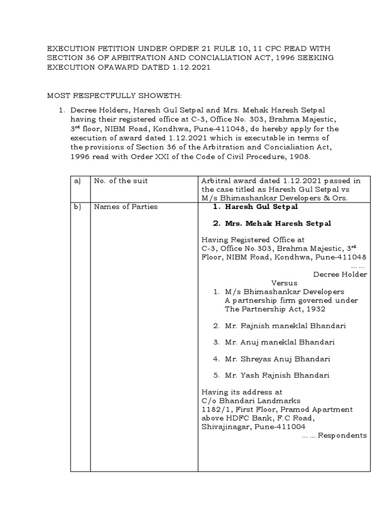 Execution Petition Under Order 21 Rule 10 | PDF | Justice | Crime ...