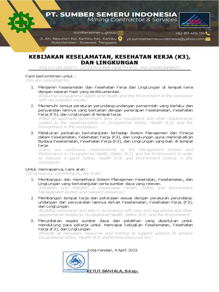 Kebijakan K3LH Pt. Ssi | PDF