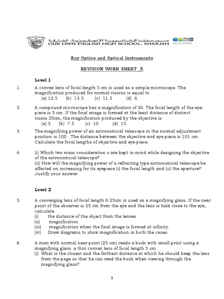 Level 1: Ray Optics and Optical Instruments Revision Work Sheet - 5 ...