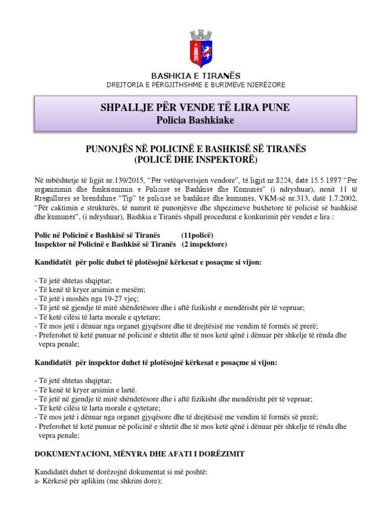 Shpallje Për Vende Të Lira Pune Policia Bashkiake: Punonjës Në Policinë ...