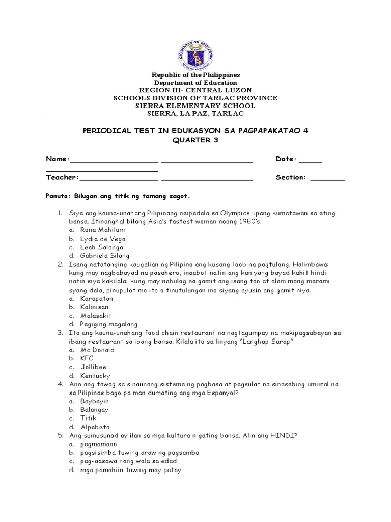 3rd Periodical Test in ESP | PDF