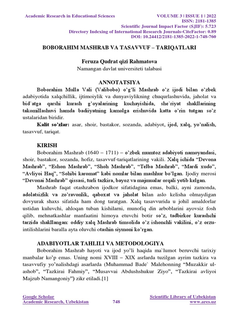 Boborahim Mashrab Va Tasavvuf Tariqatlari | PDF