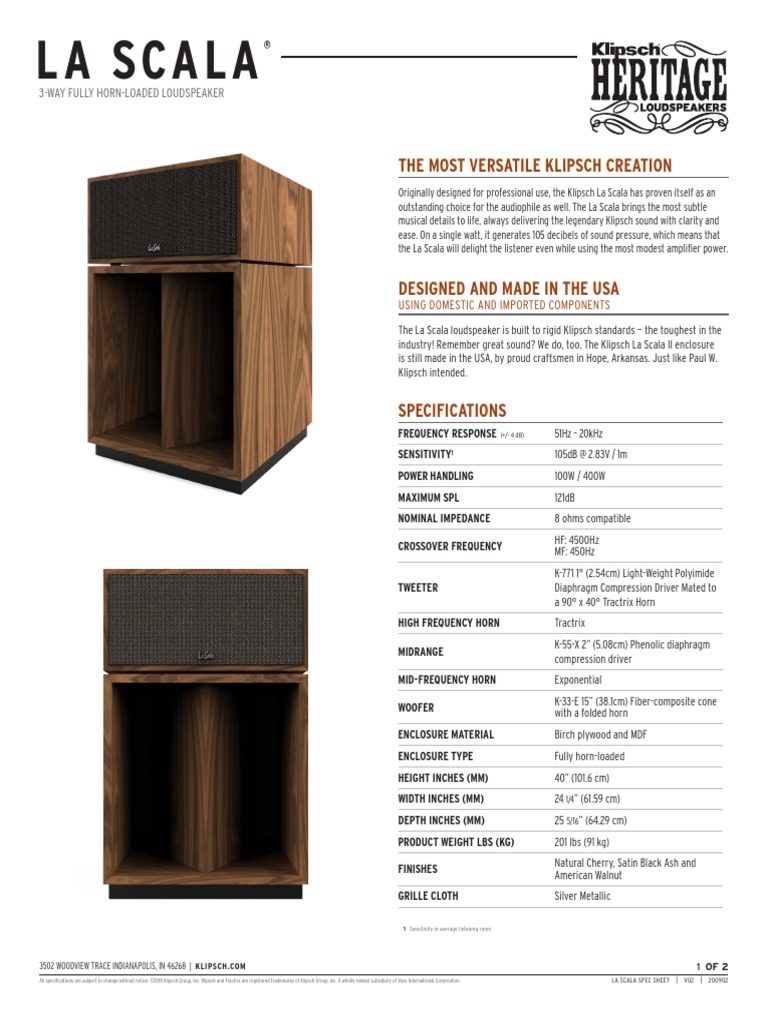 La Scala 2018 Spec Sheet v02 | PDF | Loudspeaker | Electrical Components