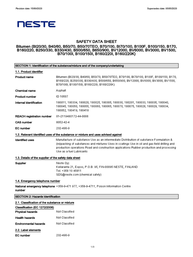 Bitumen SDS Safety Data | PDF | Firefighting | Toxicity