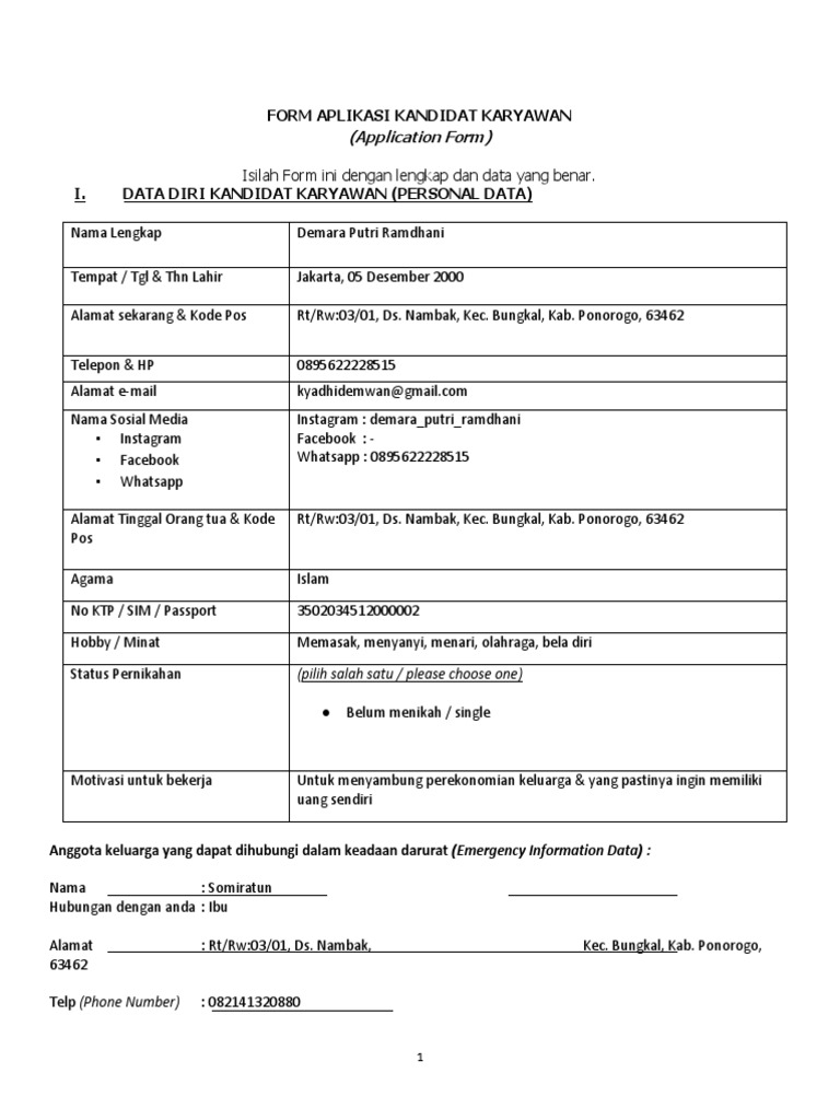 Form Aplikasi Kandidat PHL | PDF