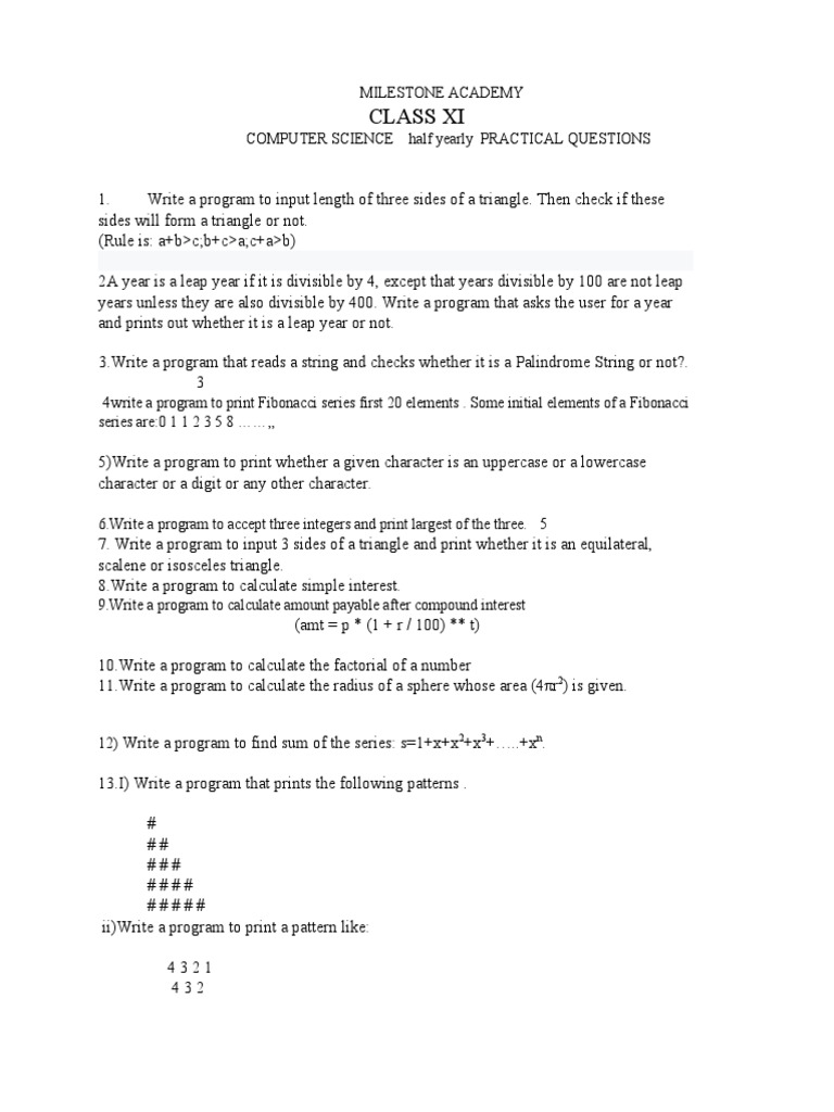 MILESTONE ACADEMY CLASS XI HALF YEARLY PRACTICAL | PDF | Triangle | String (Computer Science)