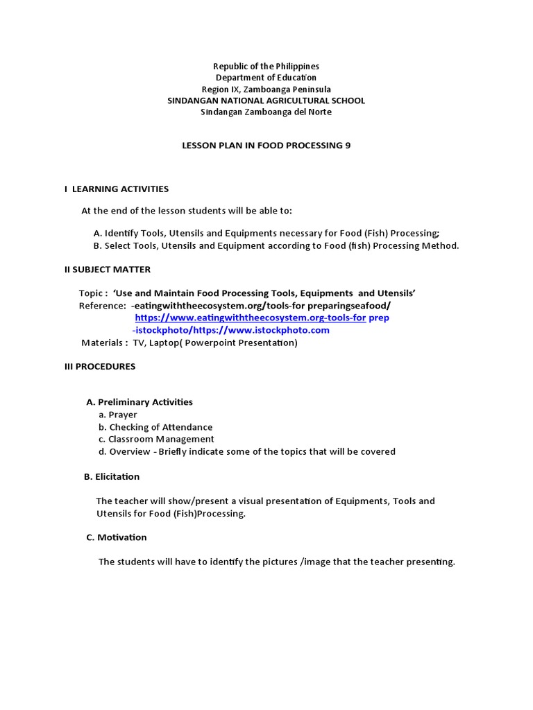 Lesson Plan in Tools, Utensils and Equipments For Food Processing | PDF ...
