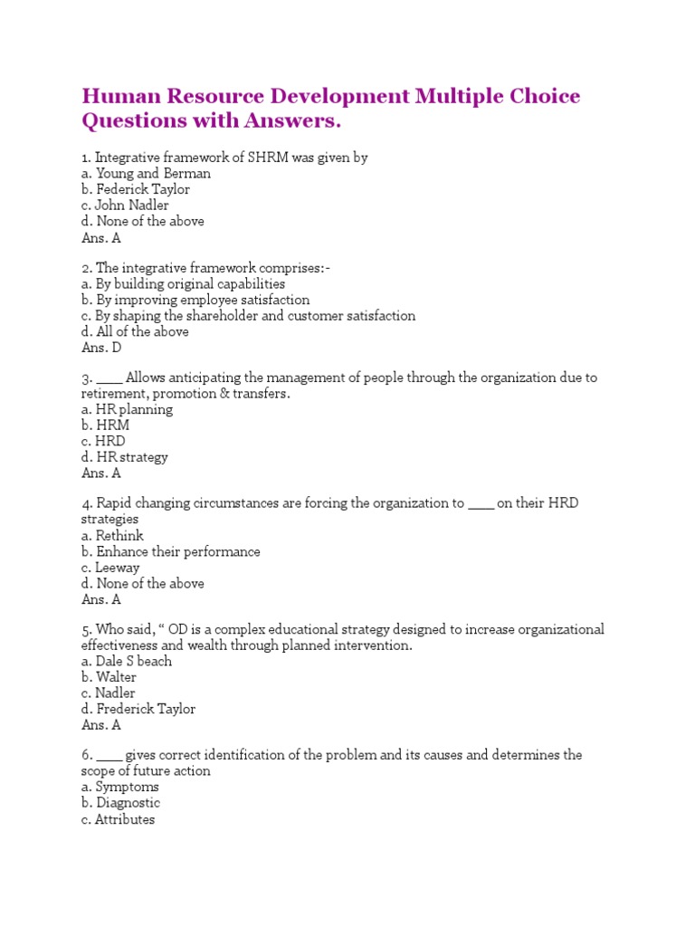 Human Resource Development Multiple Choice Questions With Answers | PDF | Human Resource ...