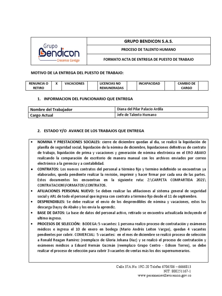 Formato Acta de Entrega de Puesto de Trabajo - 1 | PDF | Economias ...