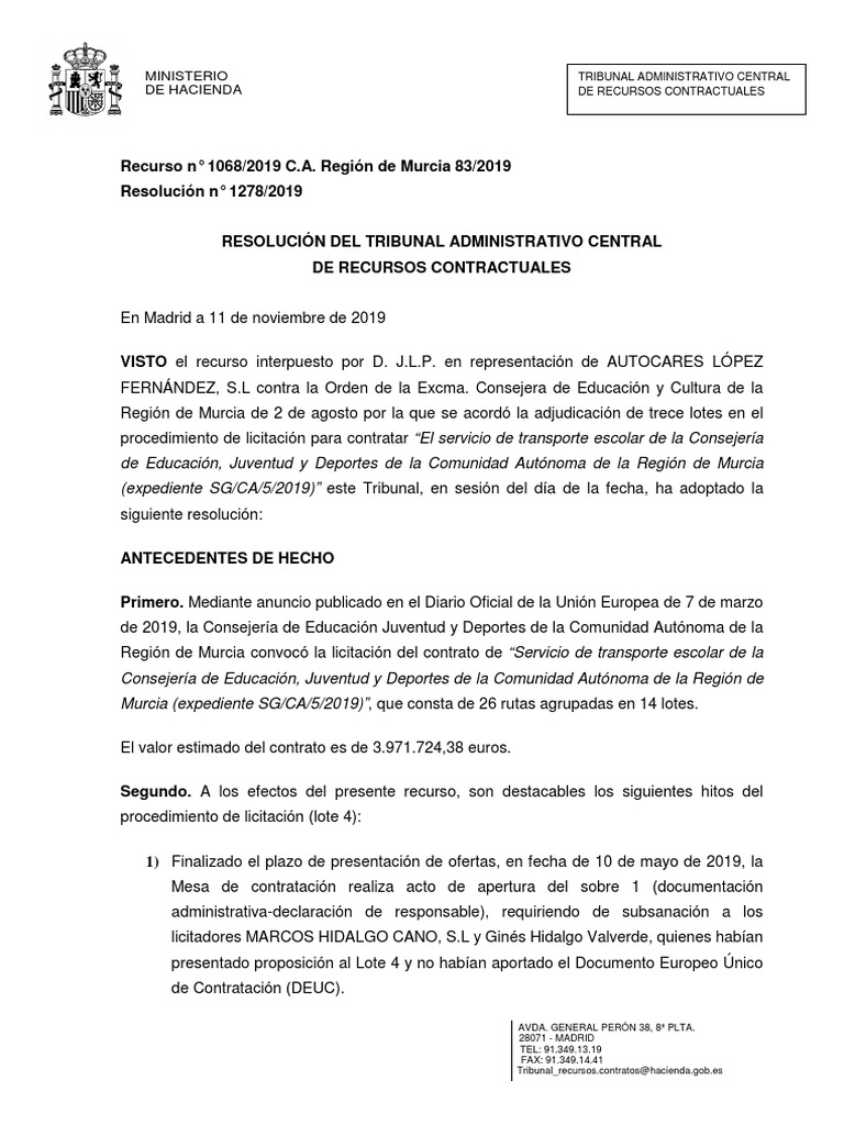 Resolución 1278 2019 Tribunal Administrativo Central Recursos ...