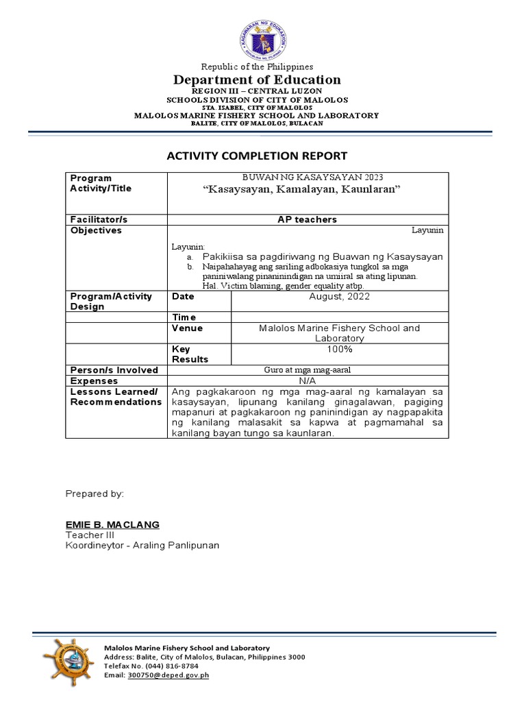 Department of Education: Activity Completion Report | PDF