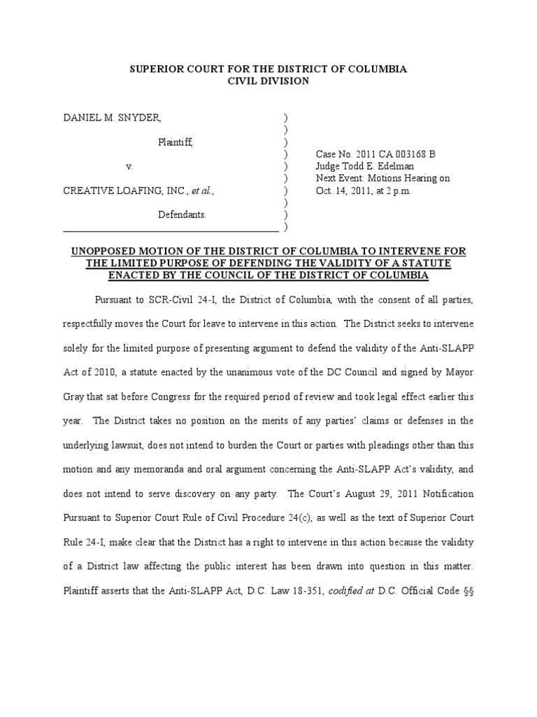 DC Motion Intervene Snyder | Intervention (Law) | Lawsuit
