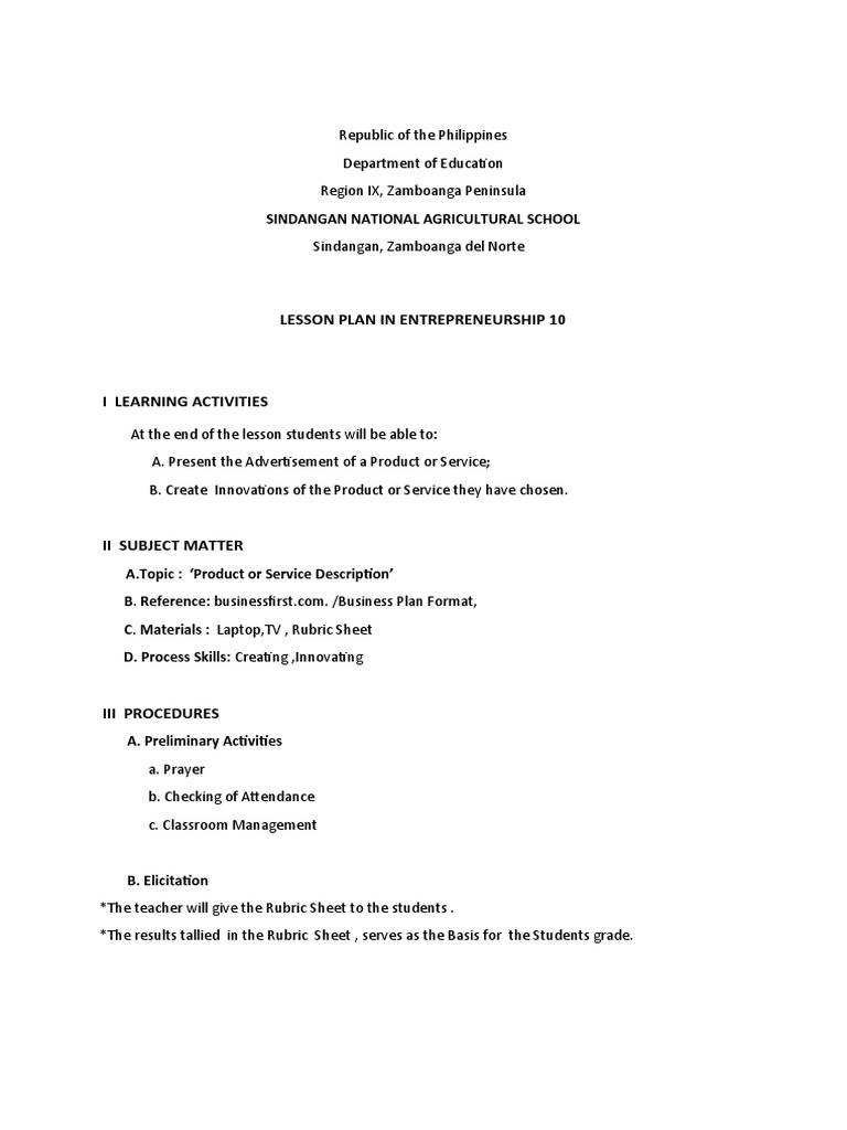 3 Lesson Plan Entrepreneurship 10 | PDF | Teachers | Rubric (Academic)