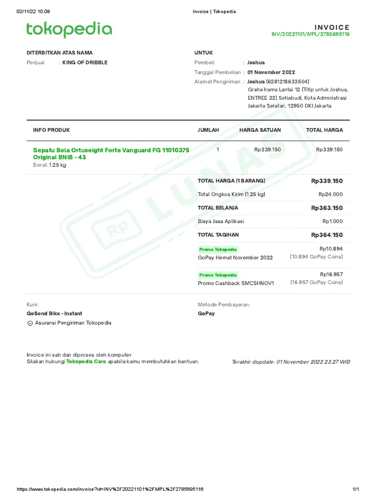 Invoice - Tokopedia - Ortus | PDF